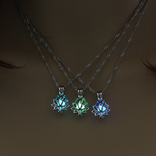 MYANAIL Luminous Lotus Pendant Necklace for Women Hollow Flower Lockets Necklace (Azure)