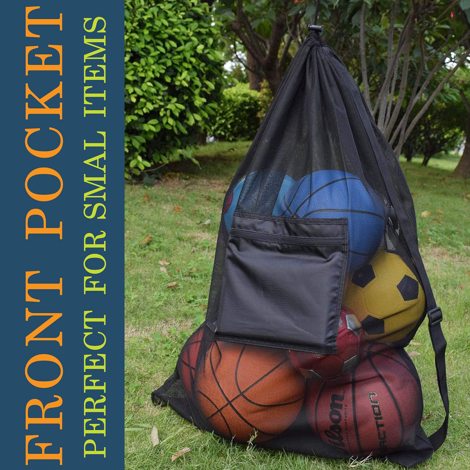 Rudmox Extra Large Mesh Ball Bag, Holding Basketball, Baseball, Swimming Gear or Beach Toy with Shoulder Strap Bottle Holder and Adjustable Shoulder Strap for Sports Team and Coach (Black)
