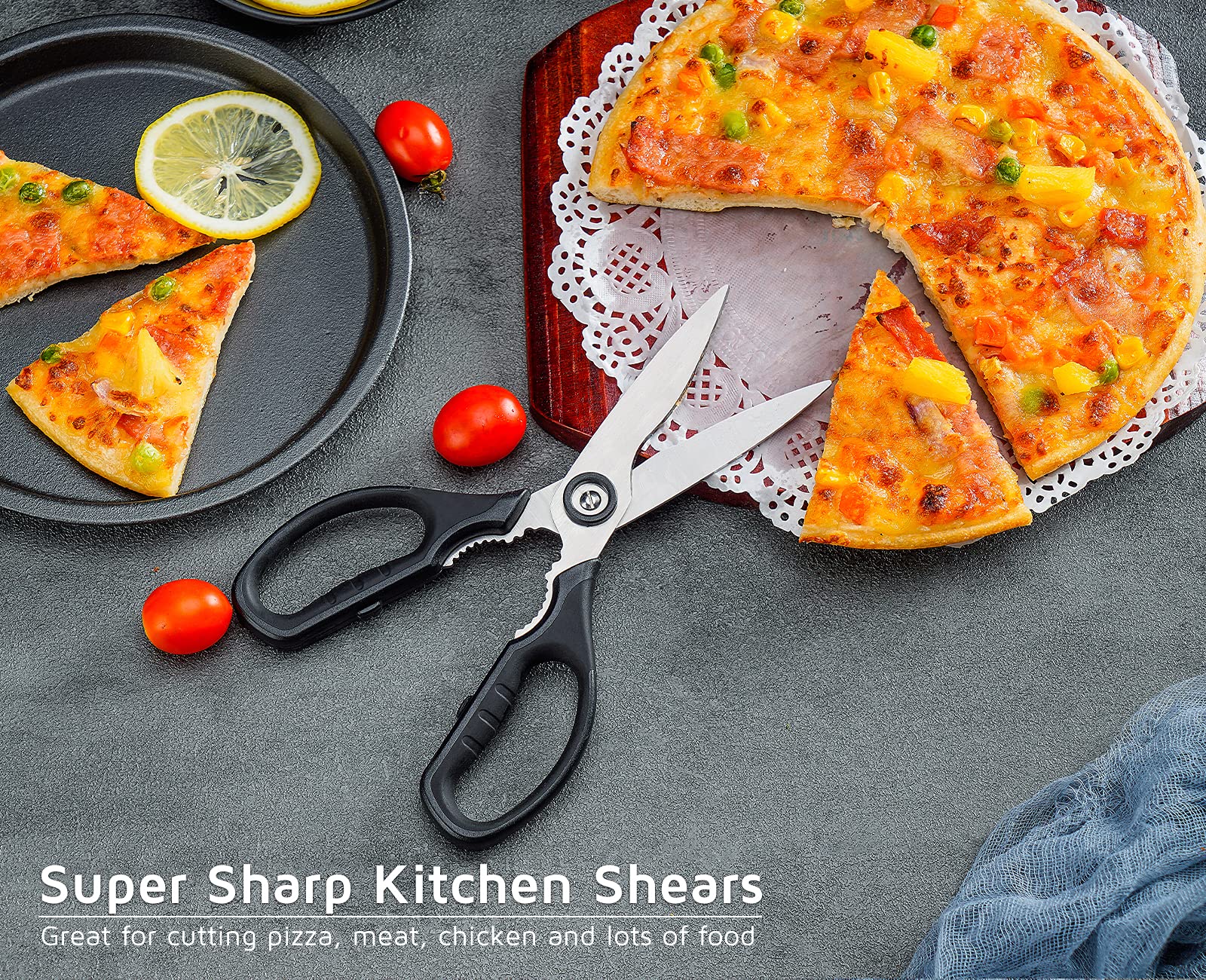 Multifunction Kitchen Scissors 2-Piece Set WELLSTAR, Heavy Duty Food Shears for Chicken Meat Vegetable Fish Herb Poultry Stainless Steel Cooking Scissors with Comfortable Handle Scissors Set (Black)