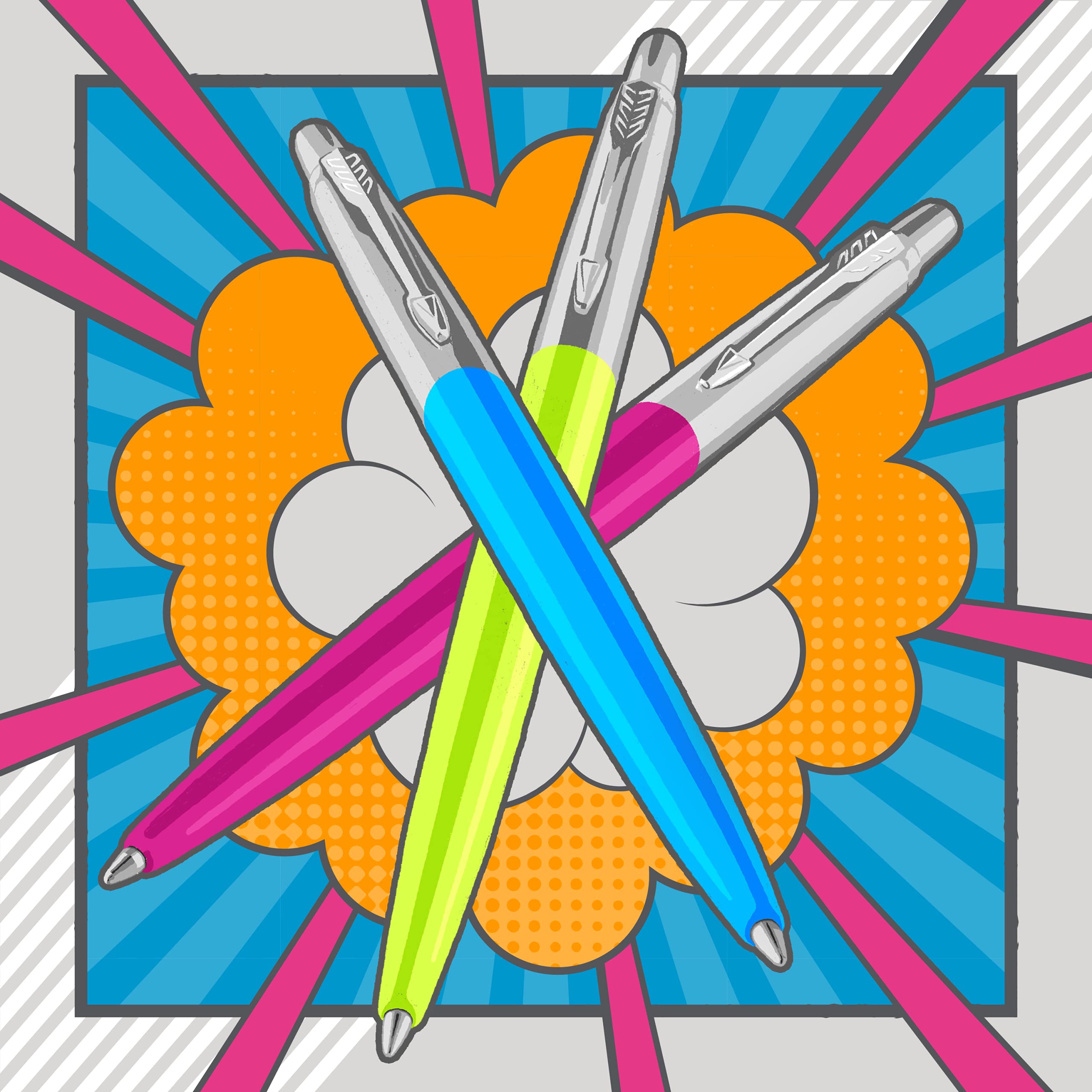 Parker Jotter Originals Ballpoint Pens | Pop Art Collection | Lime, Sky Blue and Hot Pink with Chrome Trims | Medium Point | Blue Ink | 3 Count
