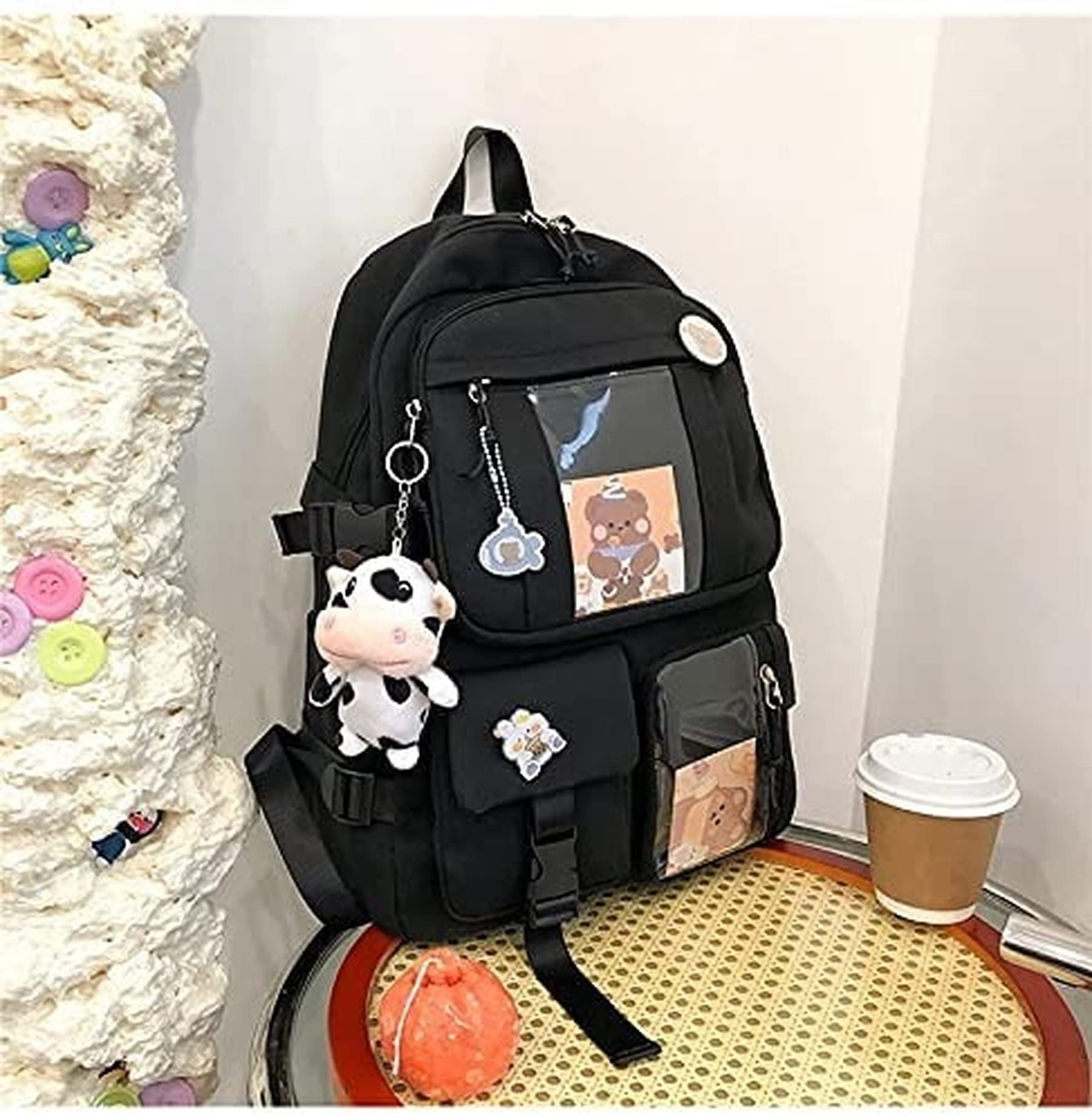 SHIDAI Kawaii Girl Backpack Cute Backpack Cute Aesthetic Backpack for School (Black,ONE SIZE) (DRF-1287)