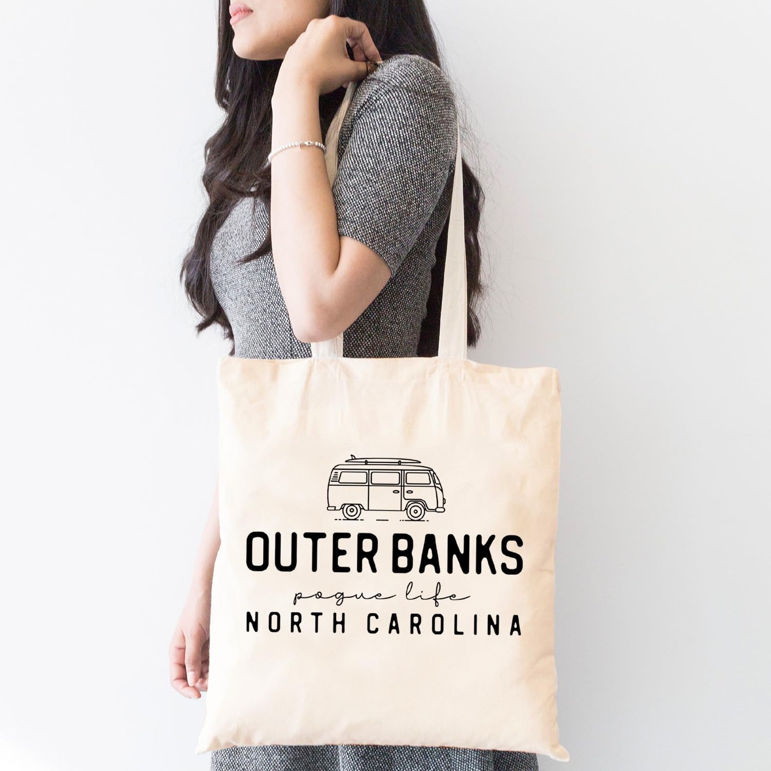 TSIIUO Women's Outer Banks Pogue Life Monoline Bus Canvas Tote Bag Funny North Carolina Reusable Casual Shopping Bag