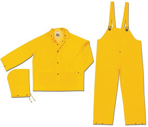 MCR Safety FR2003XL Classic PVC/Polyester 3-Piece Flame Resistant Rainsuit with Attached Hood and Bib Pants, Yellow, X-Large
