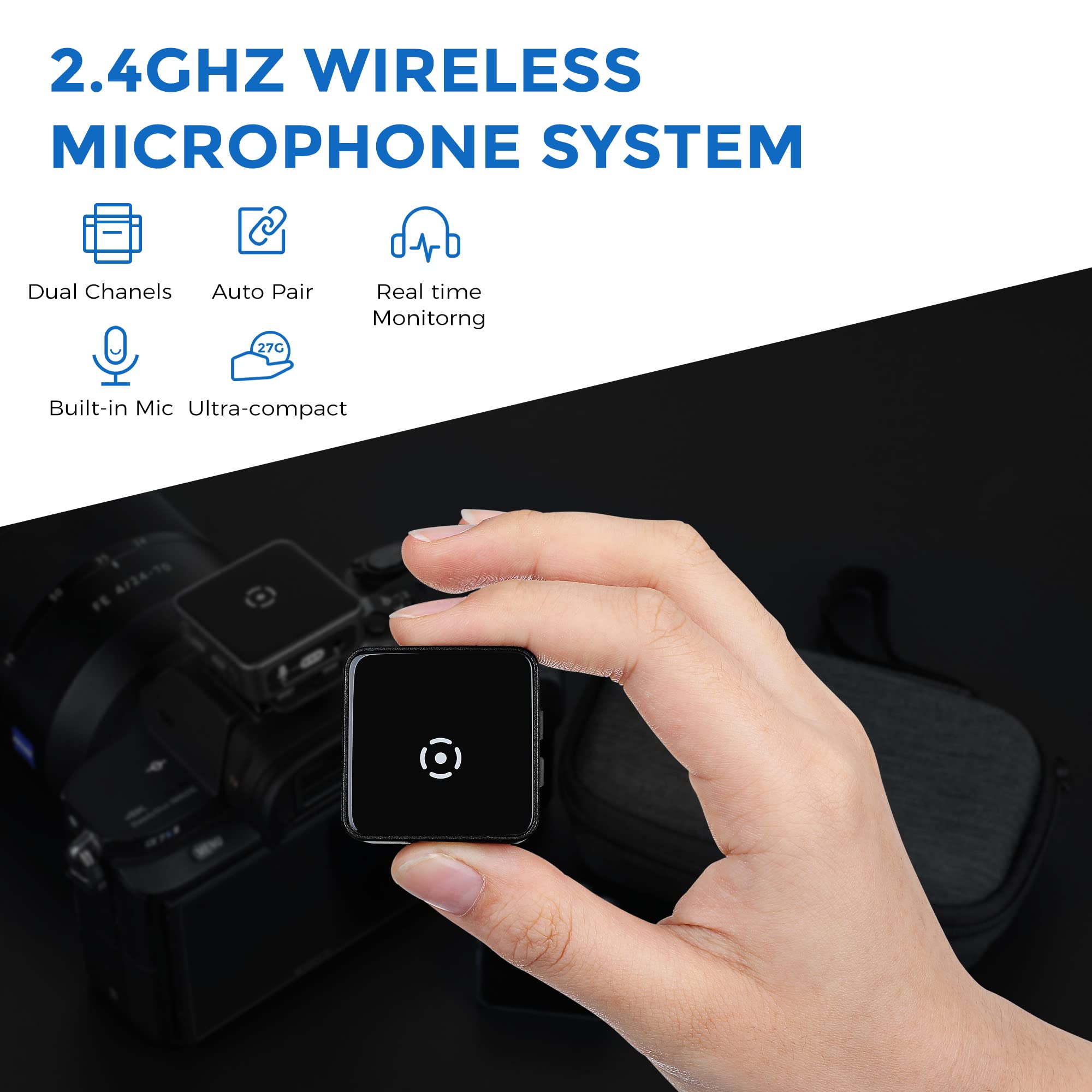Wireless Lavalier Microphone,2.4GHz Dual Lapel Mics with Real-time Monitoring, Gain Adjustment for Interview, Vlogging, Live Streaming, Camera, Compatible with DSLR, Camcorder, Smartphone
