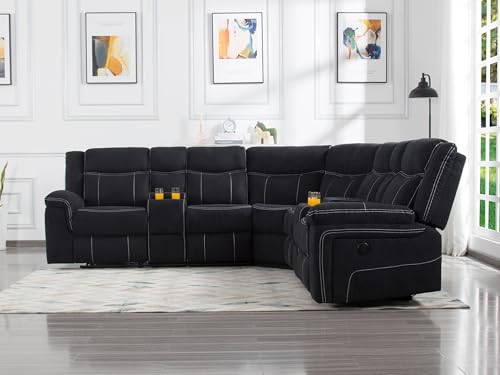Modern Power Motion Sectional Reclining Sofa Set,Symmetrical L-Shaped Recliner Sofá Upholstered 5-Seat Corner Couch with 2 Center Consoles and 4 Cup Holders for Living Room/Villa/Theater Seating