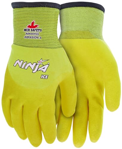MCR Safety N9690HVL Ninja Ice High Visibility Nylon Liner Double Layer Gloves with HPT Coating, Large (Pack of 12), Lemon Yellow