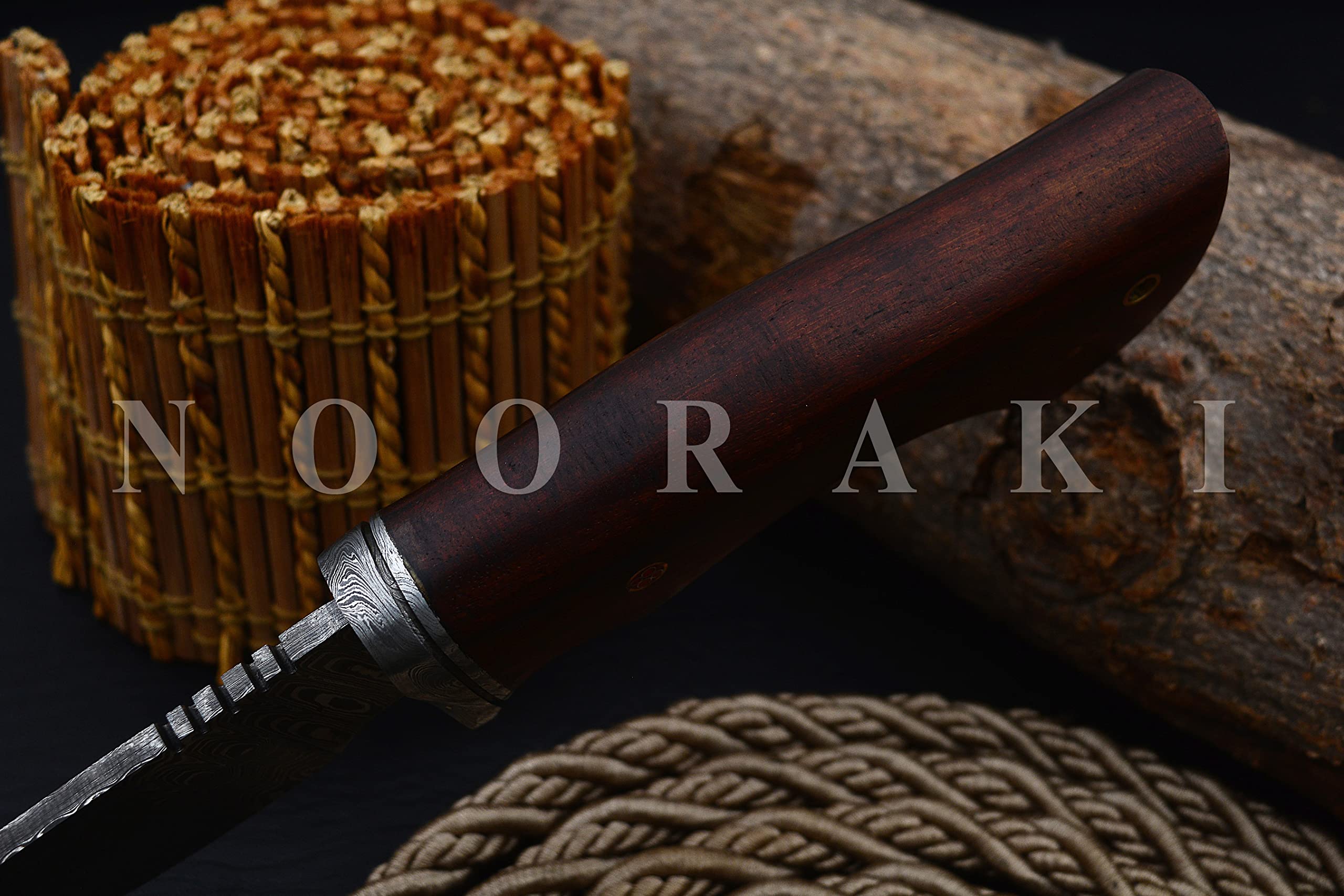 SBK162 Custom Handmade Damascus Steel Knife - Full Tang Rosewood Handle, with Leather Sheath 10inches