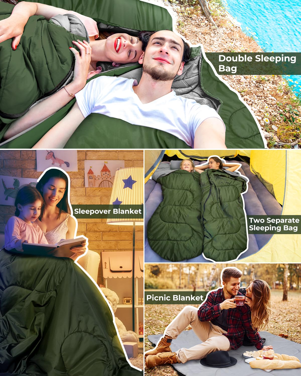 Ohuhu Double Sleeping Bag with 2 Pillows, Waterproof Lightweight 2 Person Adults Sleeping Bag for Camping, Backpacking, Hiking, with Carrying Bag (Green)