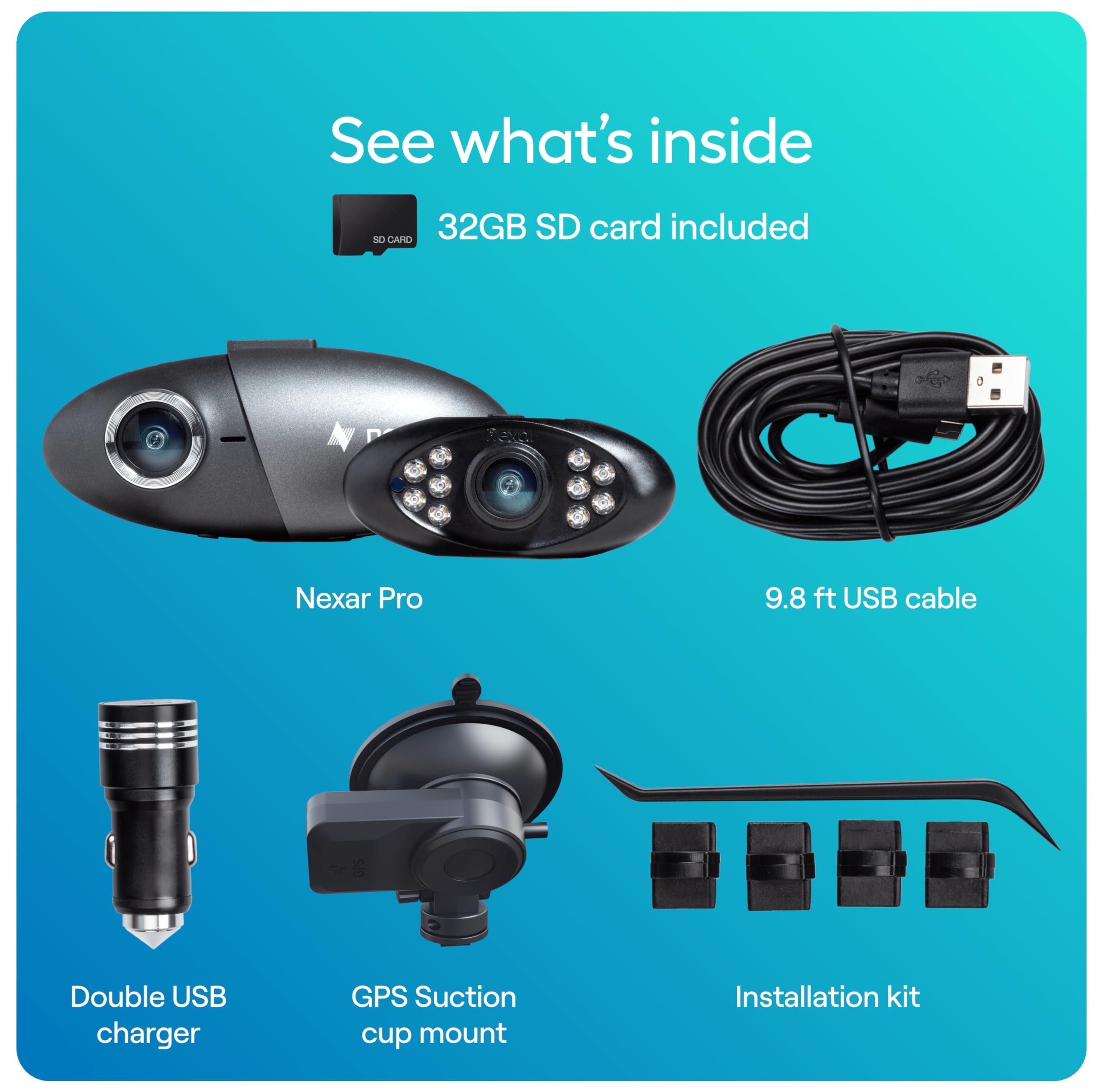 Nexar Pro Dual Dash Cam - 1 Year Nexar App Subscription Included - Unlimited Cloud Storage, Drive Recordings, Parking Mode, Night Vision, All Inside The Nexar App - WiFi HD Front Dash Cam (32 GB SD)