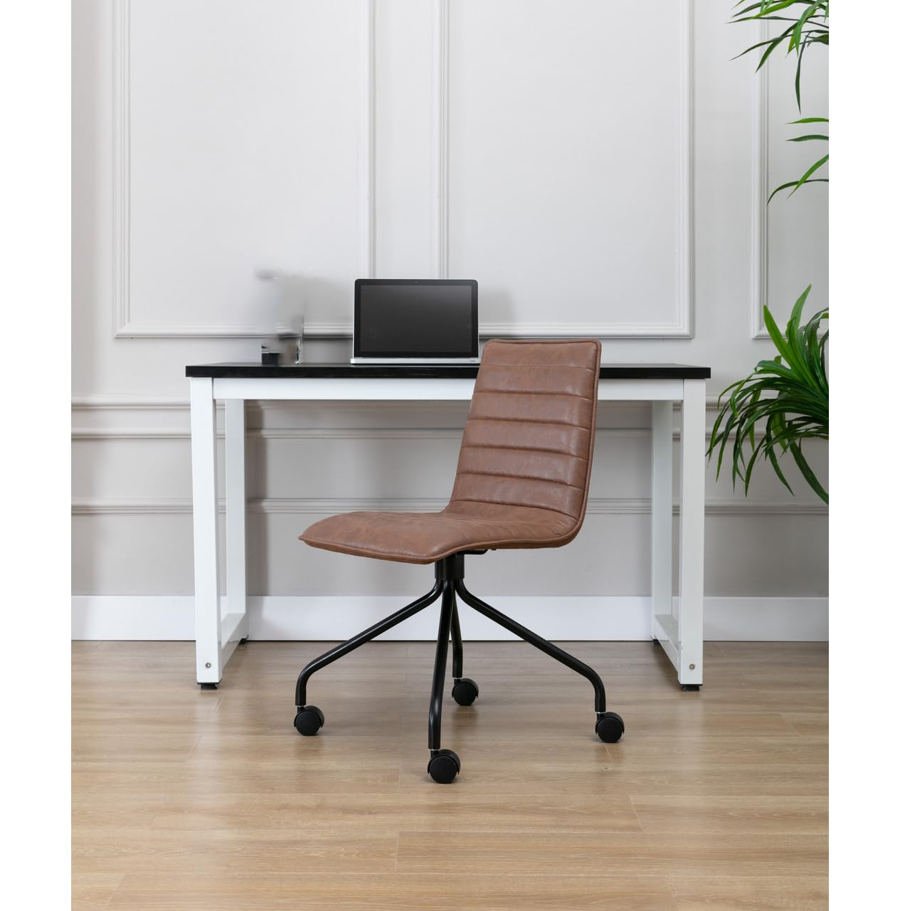 Modern Rolling Office Chair with Channeling, Low Back PU Leather Ribbed Armless Office Chair, Ergonomic Swivel Computer Task Chair with Wheels for Office, Home