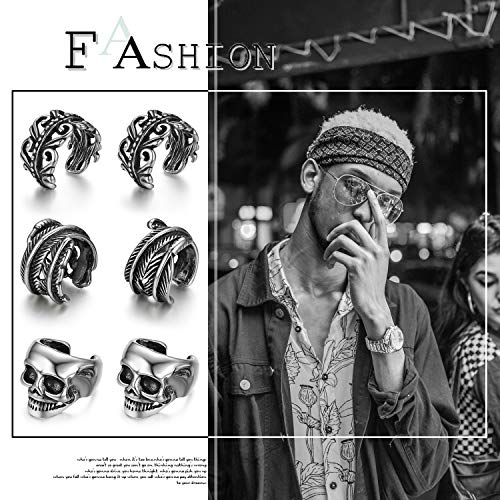 OIDEA 3pairs Stainless Steel Handmade Non-Piercing Earring Cuffs,Clip on Cartilage Piercing Earrings,Skull, Feather Charm for Halloween Cosplay