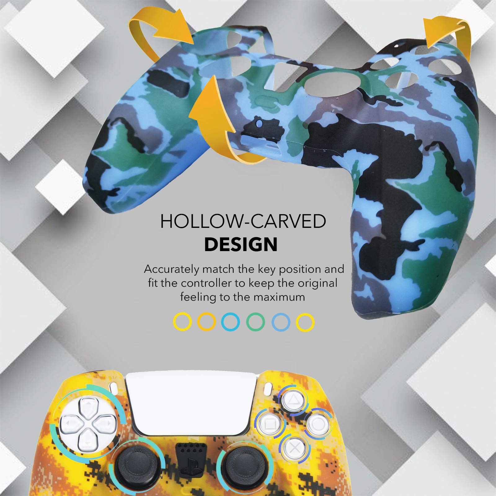 PS5 Controller Skin,Non Slip Comfort Silicone Skin Cover Protector Case for PS5 Controller(Controller Skin case x 2 + FPS PRO Thumb Grips x 8) (Camouflage Yellw+Blue)
