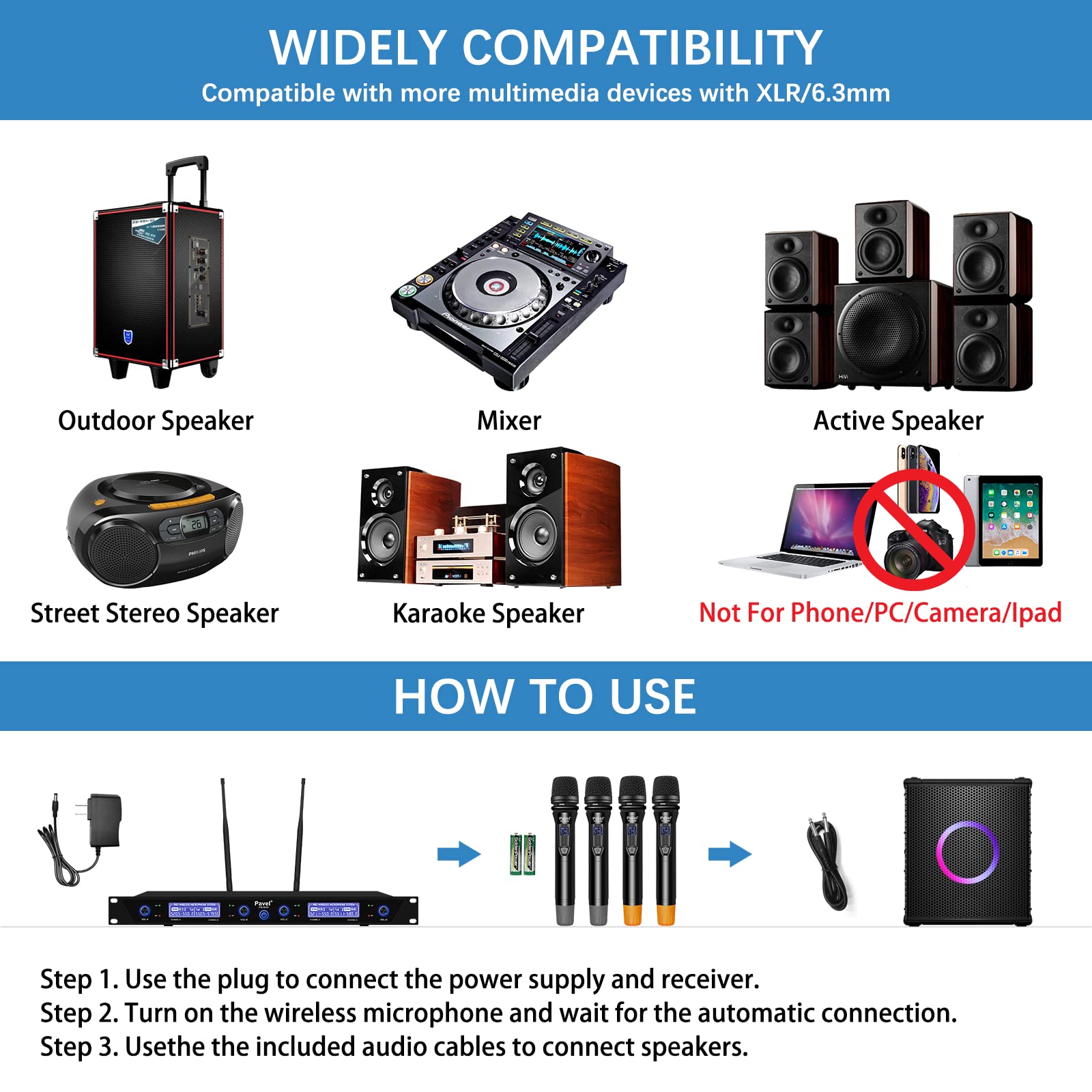 Wireless Microphone System, Pro Quad Channels UHF Karaoke Microphone Wireless, Auto Scan, Adjustable Frequency, 328ft Range, Wireless Mic for Church, Karaoke, Singing, Wedding, Speech, DJ, Outdoor