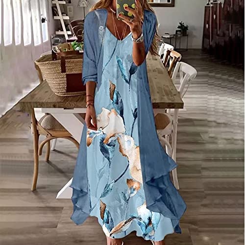 Sequin Women Vintage Floral Sleeveless Dress 2 Piece Set Womens Chiffon Beach Midi with Cardigan Suit Classy Blue