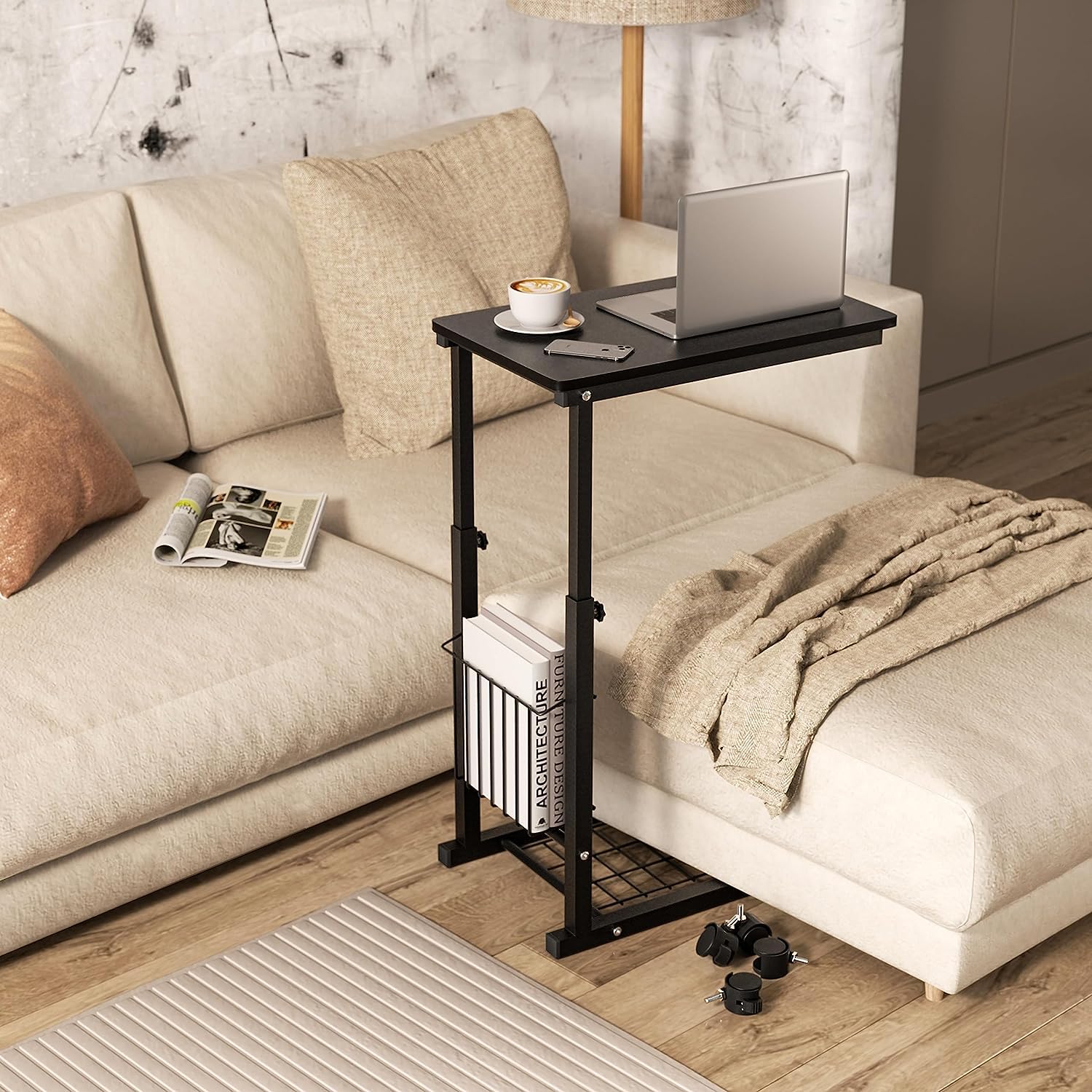 micoe C Shape Side Table Adjustable End Table with Side Basket and Bottom Mesh Storage Design Four Swivel Wheels with Brakes, Metal Frame MDF Wooden Board,