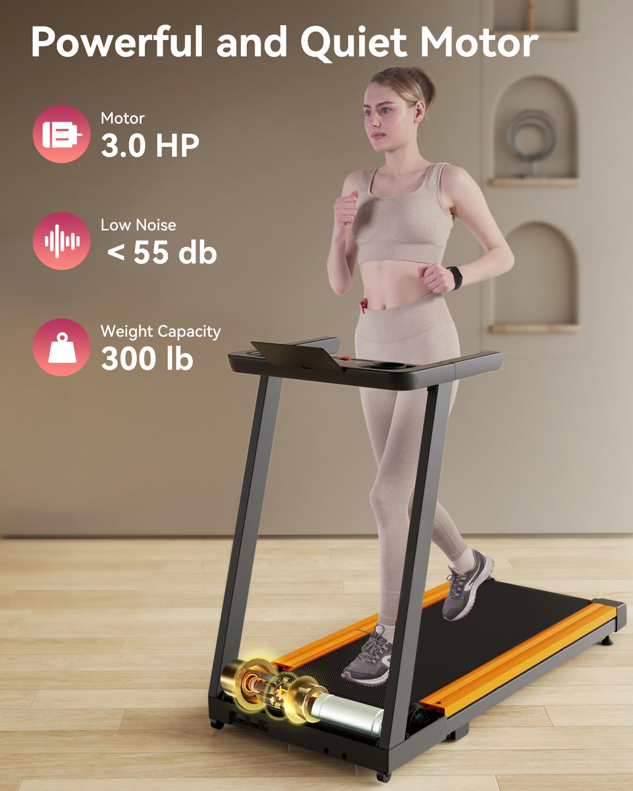 SSPHPPLIE Folding Treadmill with APP Smart Band, Portable Treadmill Foldable with 300 lb Capacity, 3.0 HP Compact Treadmill for Small Space, Orange Logo