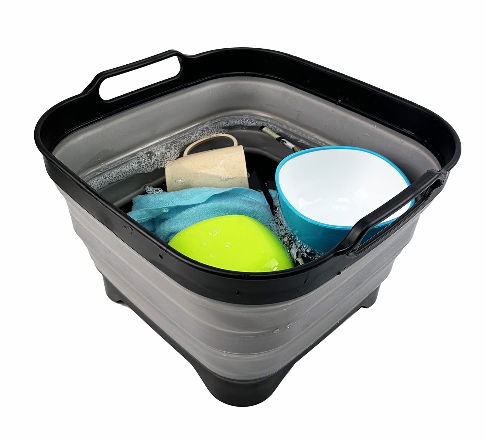 SAMMART 10L (2.64 Gallon) Collapsible Dishpan with Draining Plug - Foldable Washing Basin - Portable Dish Washing Tub - Space Saving Kitchen Storage Tray (Black/Alloy Grey)
