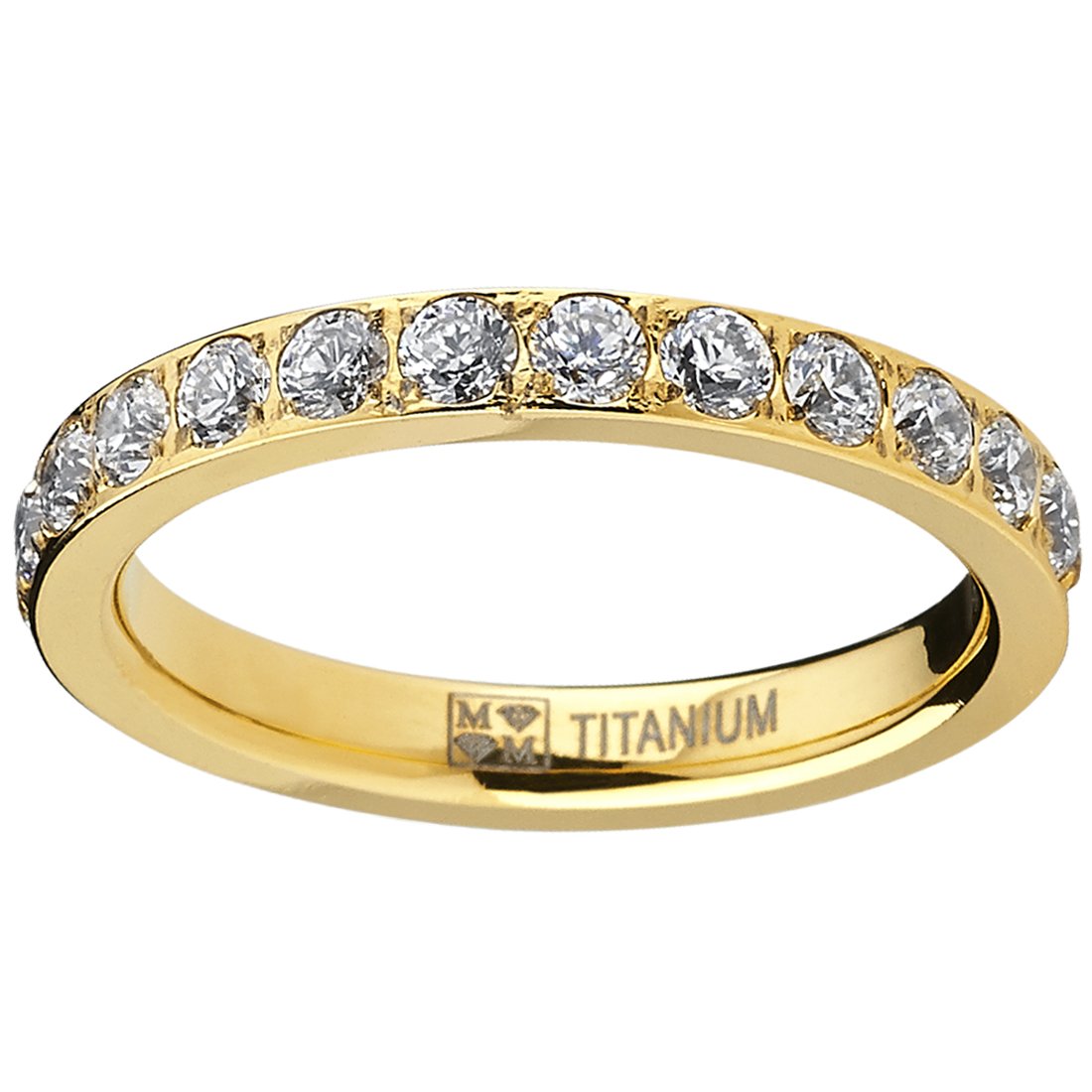 Metal Masters 3MM Women's Goldtone Plated Titanium Eternity Ring, Wedding Band with Pave Set Cubic Zirconia 5