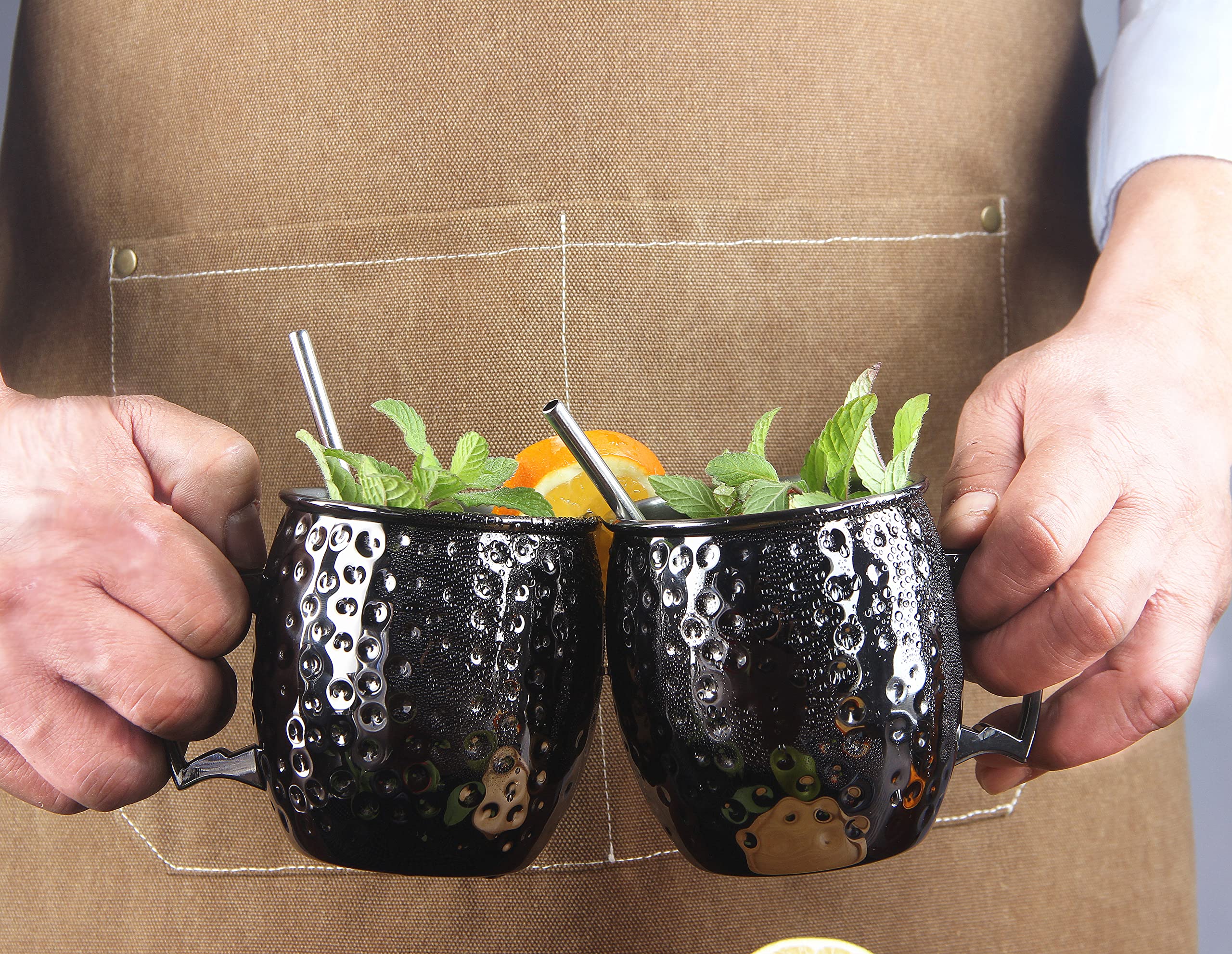 Shining Craft Moscow Mule Mugs Set of 2 - Black Plated Hammered Mugs 18 oz/ 550ml With Brass Handle and Stainless, Unlined Cups For Moscow Mule Cocktails and other Chilled Drinks (Black) SC020