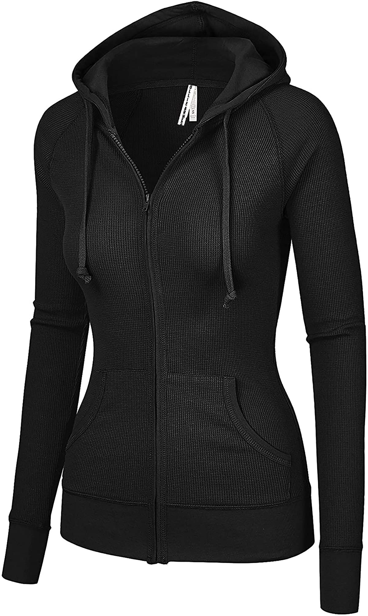 OLLIE ARNES Women's Thermal Long Zip Up Hoodie Jacket Sweatshirt Tops Black L