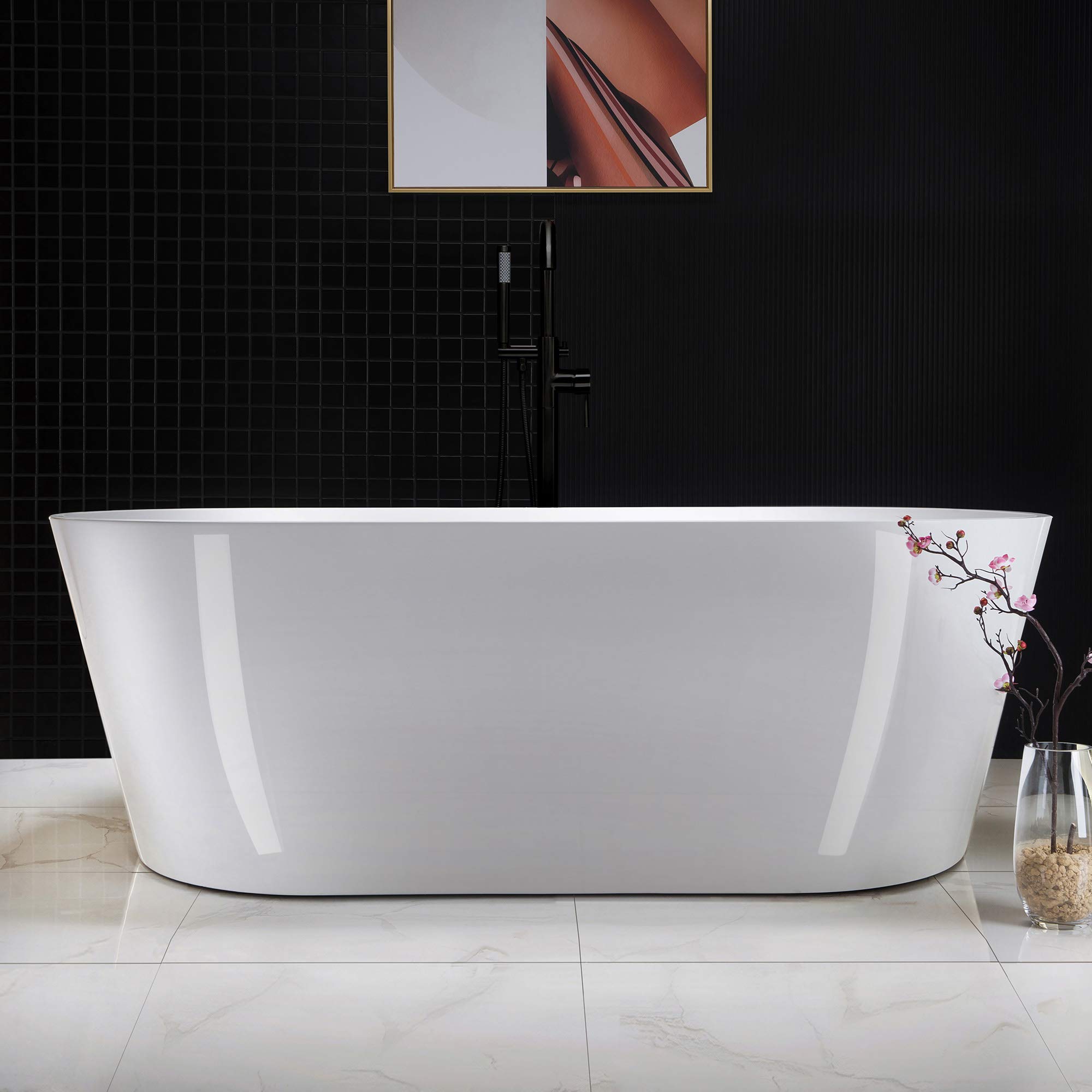 WOODBRIDGE 67" Acrylic Freestanding Bathtub Contemporary Soaking White Tub with Matte Black Overflow and Drain,B0013-MB