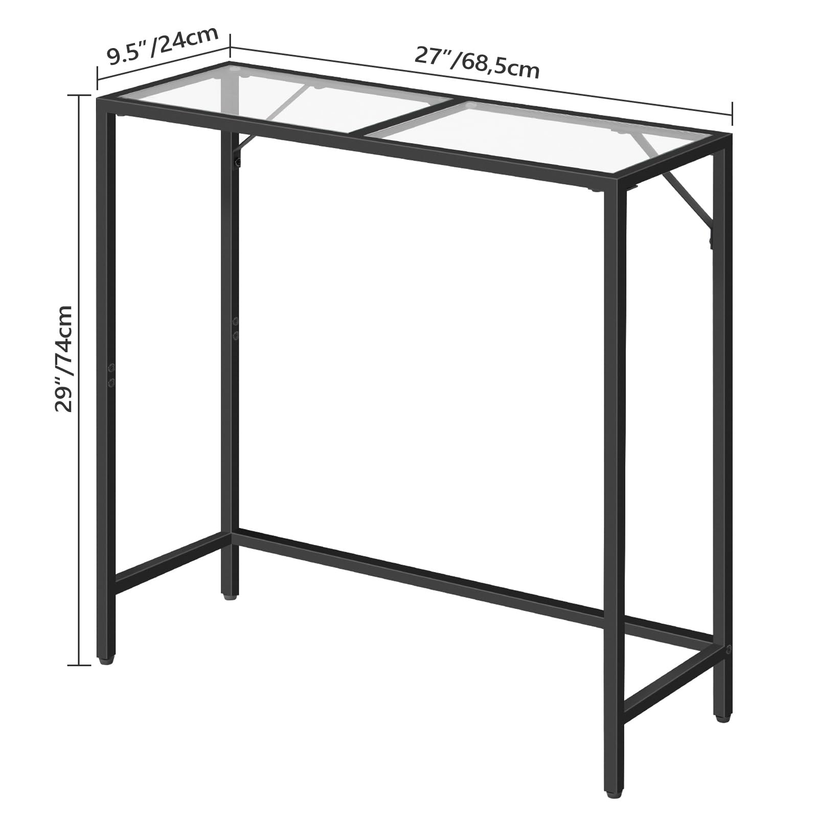MAHANCRIS Console Table, 27" Narrow Behind Sofa Table, Tempered Glass Entryway Table with Metal Frame, Adjustable Feet, Industrial Style, for Entrance, Living Room, Hallway, Balcony, Black CTH68B01