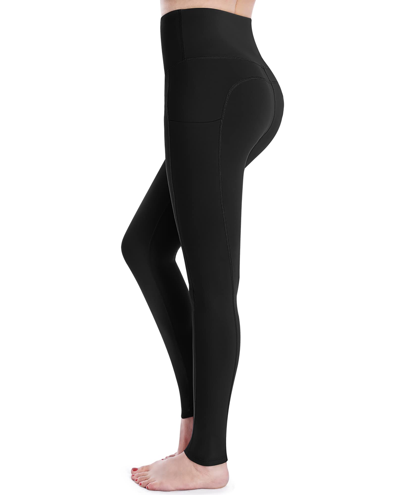 OUGES Womens High Waist Pockets Yoga Pants Running Pants Workout Leggings(Black,L)