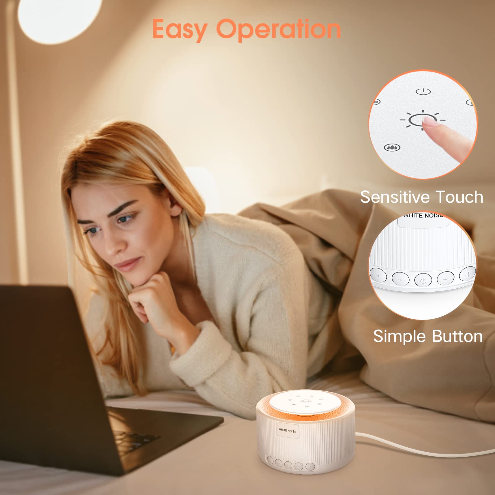White Noise Machine, UMZRUVH Sound Machine with 30 High-fidelity Non-looping Sounds 36-Level Volume, Noise Machine with Memory Function and Timer, Touch Night Light Sound Machine for Adults Baby Elder