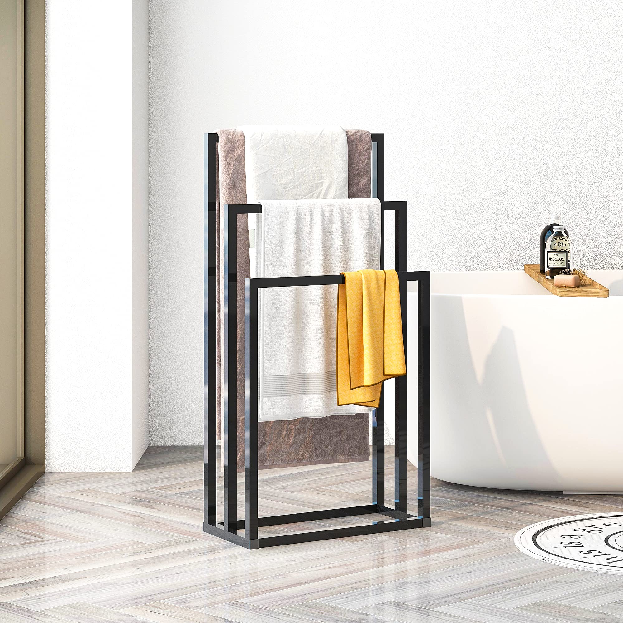 Metal Freestanding Towel Rack, 3 Tier Bathroom Towel Rack, Freestanding Towel Rack, Blanket Ladder Rack, Oversized Bath Towel Drying and Display Rack (Black)