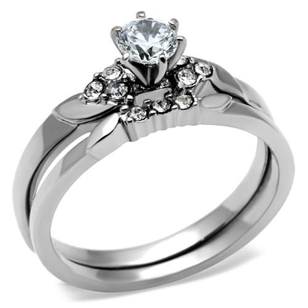 Mai Jewelry Shop & Hair Accessories Stainless Steel Round Solitaire CZ Engagement Ring and Wedding Ring Set