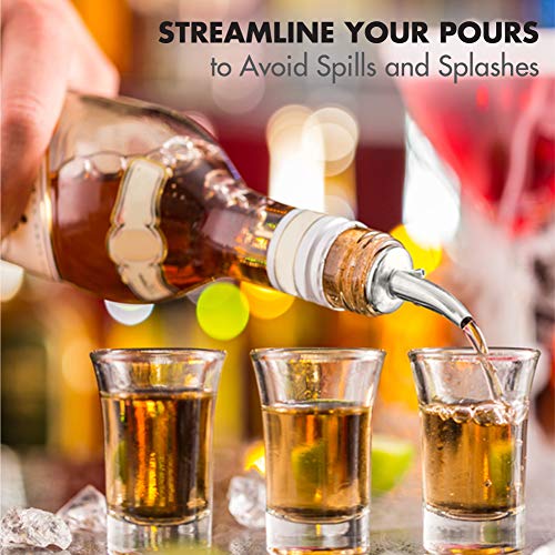 Trovety Liquor Bottle Dispenser Spouts β Classic Speed Pours for Alcohol, Olive Oil and Shave Ice Syrup β Rustproof Stainless Steel with Tapered Pouring Funnels and Dust Caps (2)