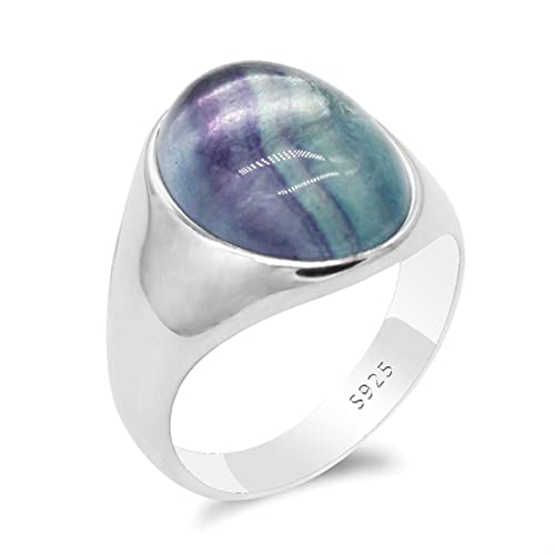 SRLIWHITE Fluorite Ring for Men 925 Silver Oval Natural Gemstone Simple Turkish Handmade Jewelry Women Male Turkish Ring (Ring Size : 9)