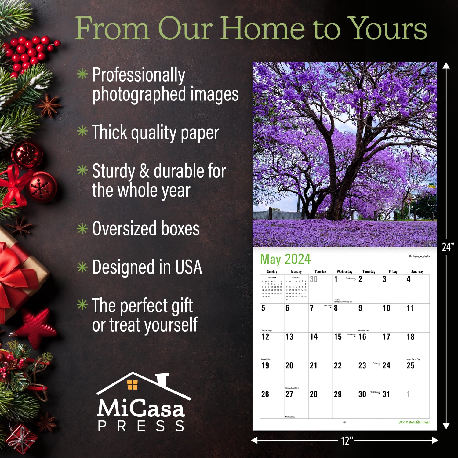 MICASA Wild & Beautiful Trees Hangable Monthly 2024 Wall Calendar | 12" x 24" Open | Thick & Sturdy Paper | Giftable | Scenic Nature Pathways | Beautiful Trees around the World