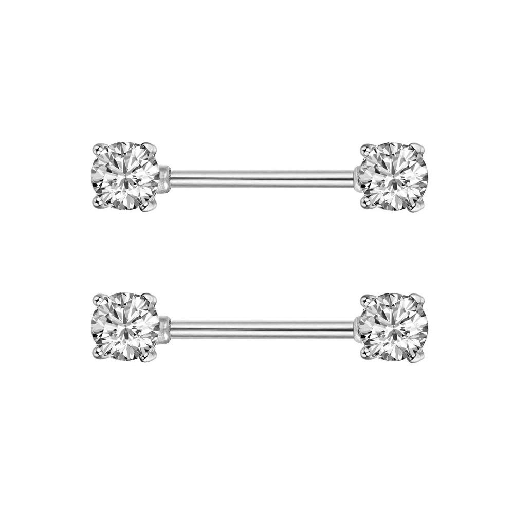 Pair of 14G Stainless Steel Nipple Rings Cubic Zirconia Tongue Ring Piercing Barbell Bar Body Jewelry for Women (Silver)