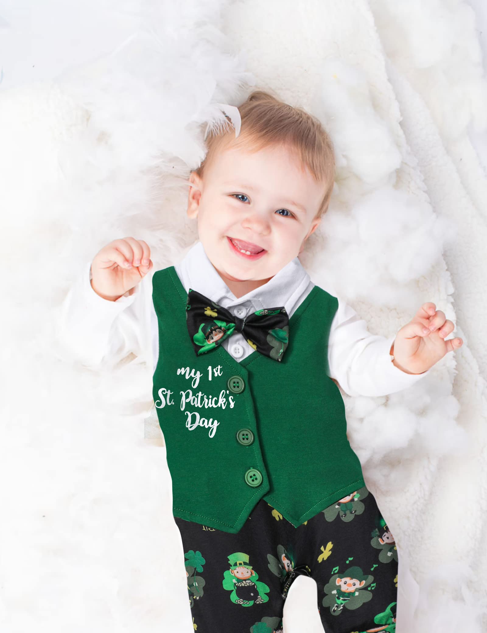 WIQI toddler boy St. Patrick's Day clothes Long Sleeve St. Pat's Day Shirt Romper Jumpsuit+ bow tie baby boy St. Patrick's Day outfit