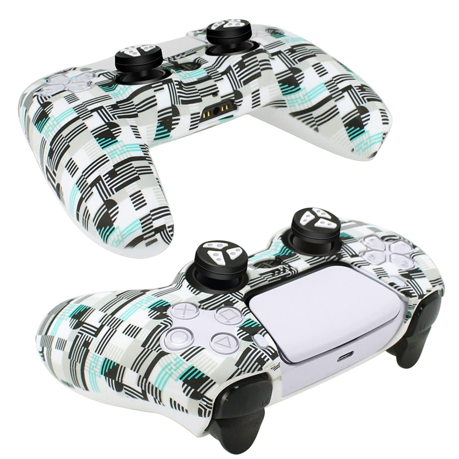 SIKEMAY PS5 Controller Cover Skin Case, Anti-Slip Thicken Silicone Protective, Perfectly Compatible with Playstation 5 Controller Grip with 10 x Thumb Grip Caps (Gray-Blue Plaid)