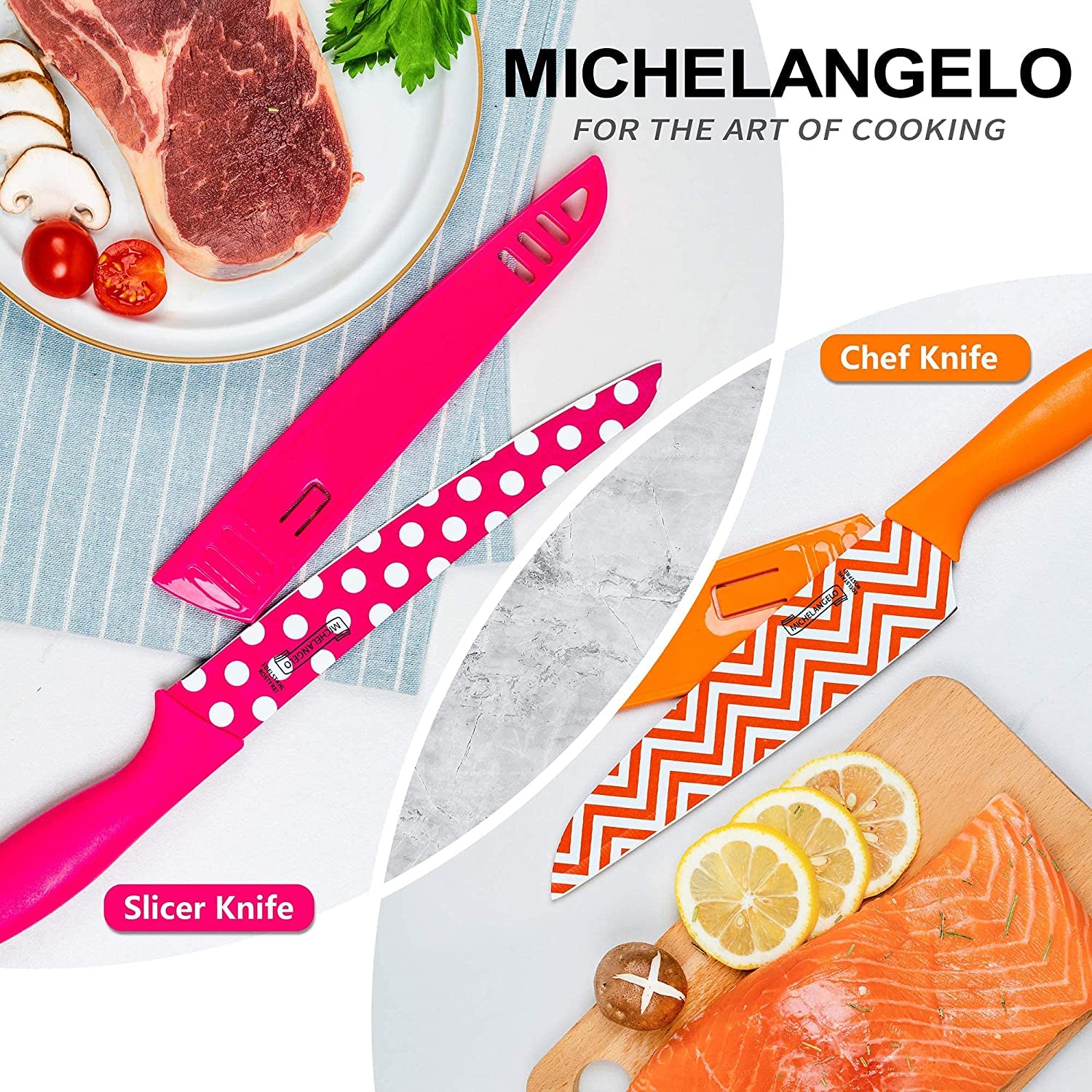 MICHELANGELOMICHELANGELO Kitchen Knife Set 10 Piece with Nonstick Stone Covers, Professional Stainless Steel Knives Set for Home, Restaurant or Chef, Multi-functional Knife Set 10Pcs - Black