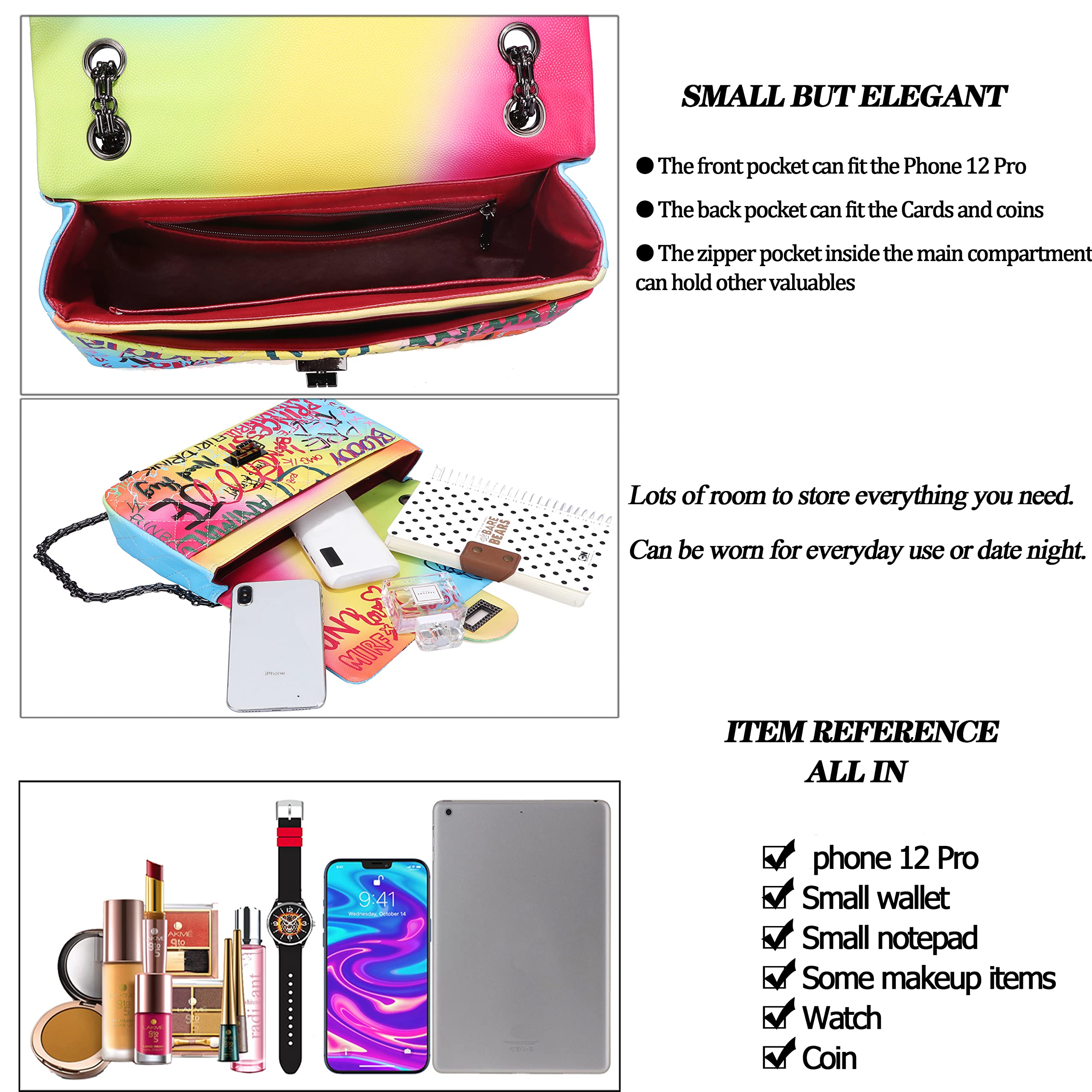 Scioltoo Shoulder Handbags for Women Small Cute Bright Rainbow Multicolor Clutch Purses Graffiti Evening Bag with Zipper and Long Strap Blue