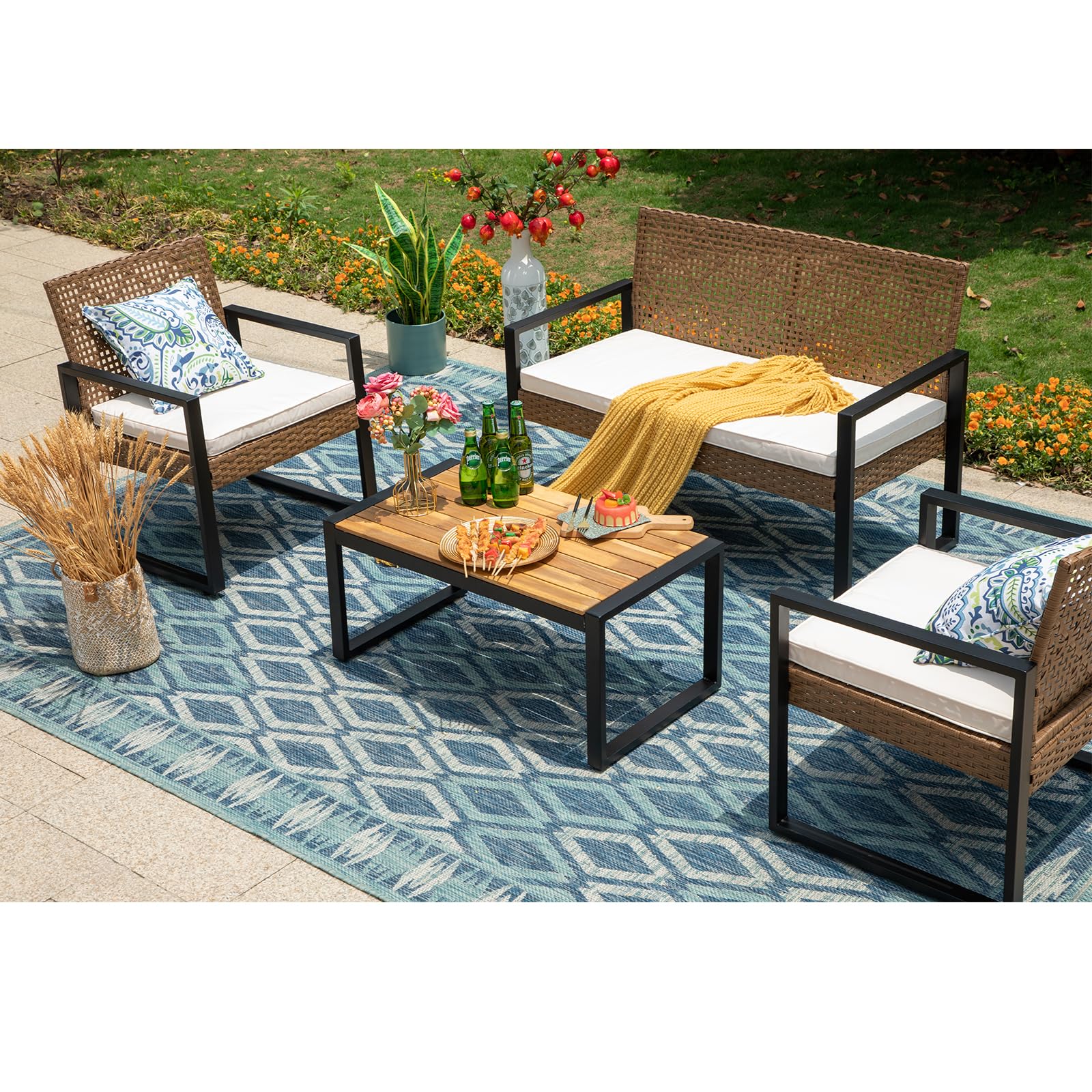 MFSTUDIO 4-Piece Patio Wicker Furniture Set, Outdoor Rattan Conversation Sofa Set for Small Spaces with Rattan Loveseat and Chairs, Solid Wood Table, Soft Beige Cushions, Backyard, Porch