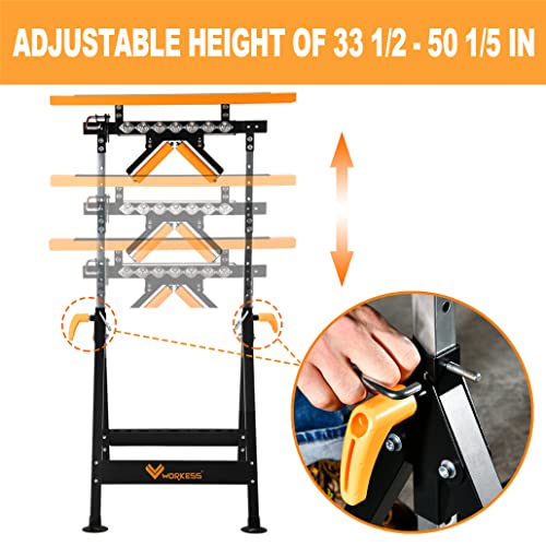 WORKESS 4 in 1 Roller Stand, Stable 440 Lbs Load Capacity with Saw Horses, V-Shaped, Multi-Directional Rollers & Outfeed Roller, Adjustable Height 33โ- 50โ, Folding for Woodworking