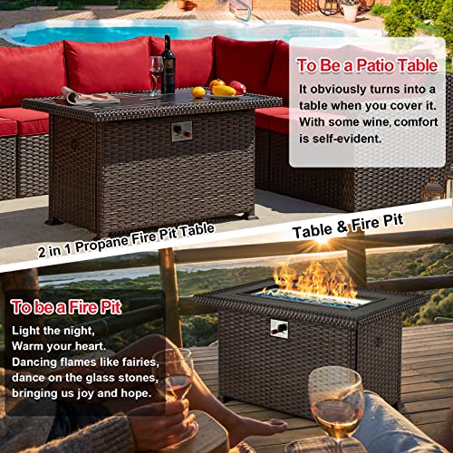 Vicluke 44in Porpane Fire Pit Table, Gas Fire Table for Outside with CSA Certification, 50,000 BTU Auto-Ignition Aluminum Propane Fire Pit with Lid, Cover, Glass Beads(Brown)