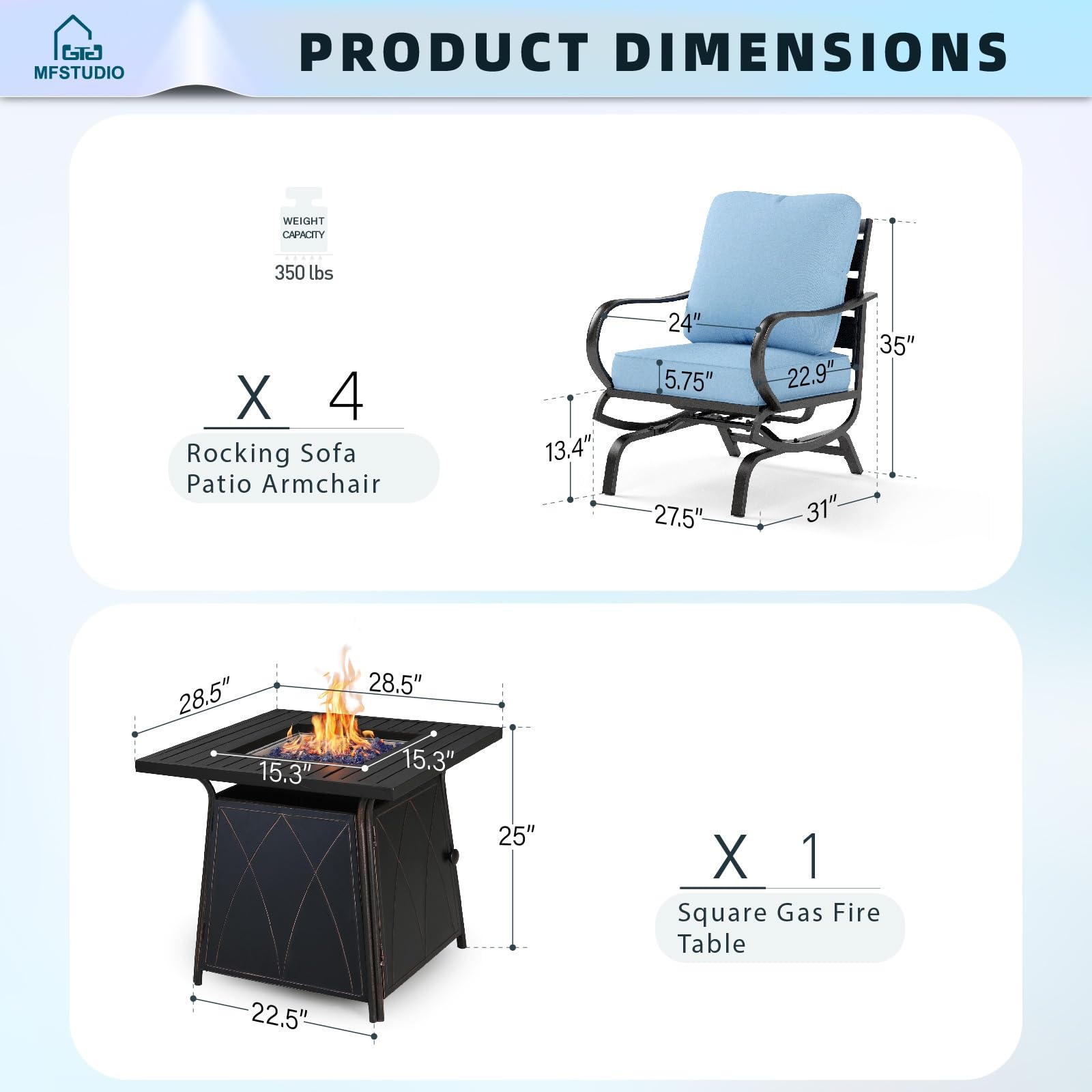 MFSTUDIO 5 Pieces Patio Conversation Sets,Outdoor Metal Furniture Sofas with 1 x 28 50,000 BTU Square Propane Fire Table and 4 x Wrought Iron Frame Rocking Chairs with Beige Cushion