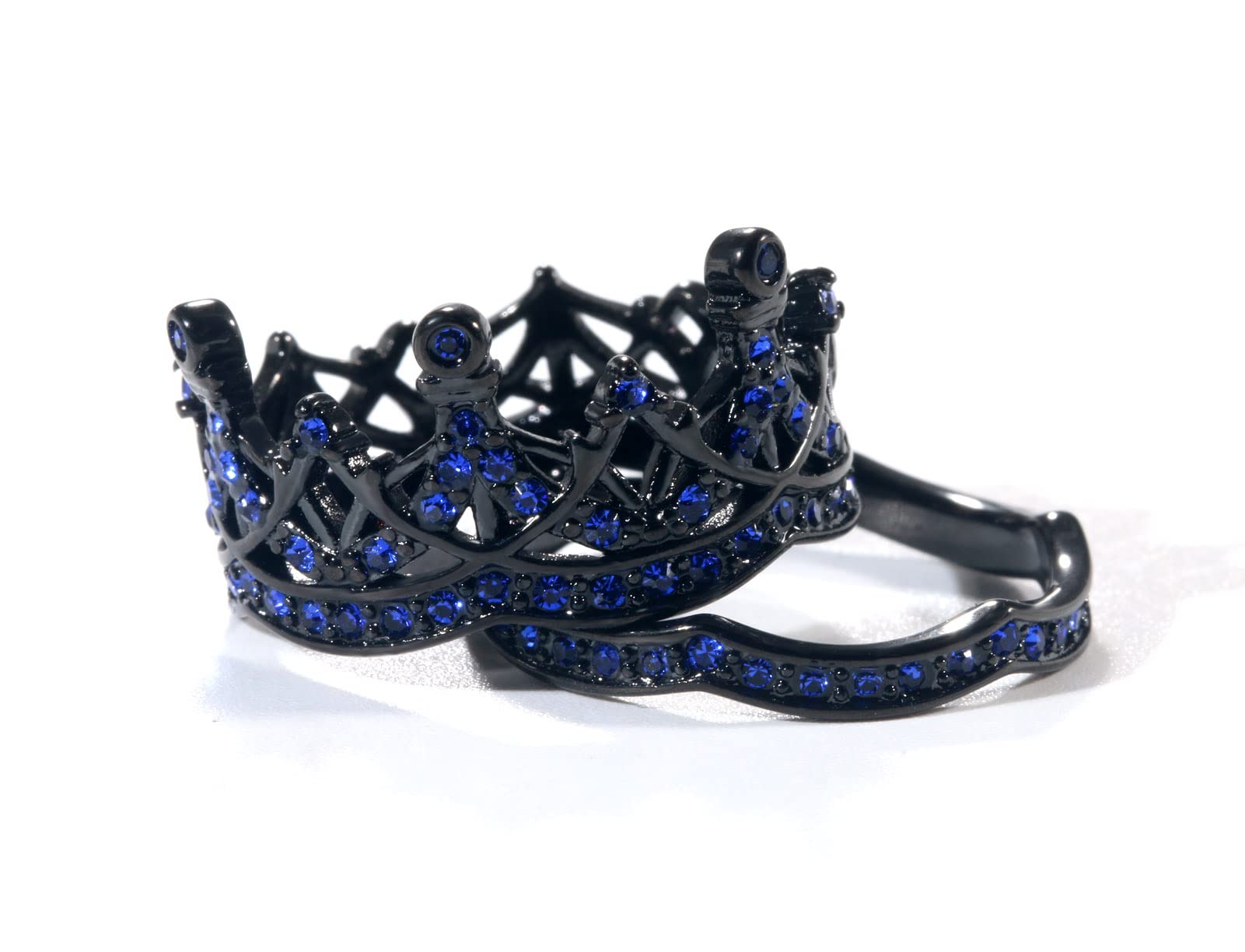 Ringcrown Couple Rings Black Crown Matching Ring Bridal Sets Blue Cz Womens Wedding Ring Sets for Him and Her Wedding Bands