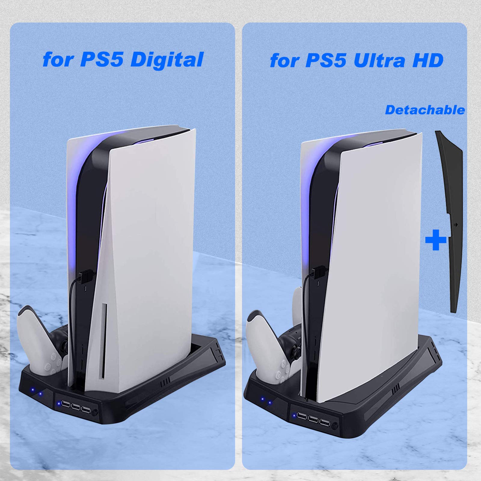 PS5 Stand with Cooling Fan, PS5 Cooling Station for Playstand 5 Console Digital Edition/Ultra HD,Dual Controller Charger PS5 Vertical Charging Stand with LED Indicators and 14 Game Card Slot Organizer