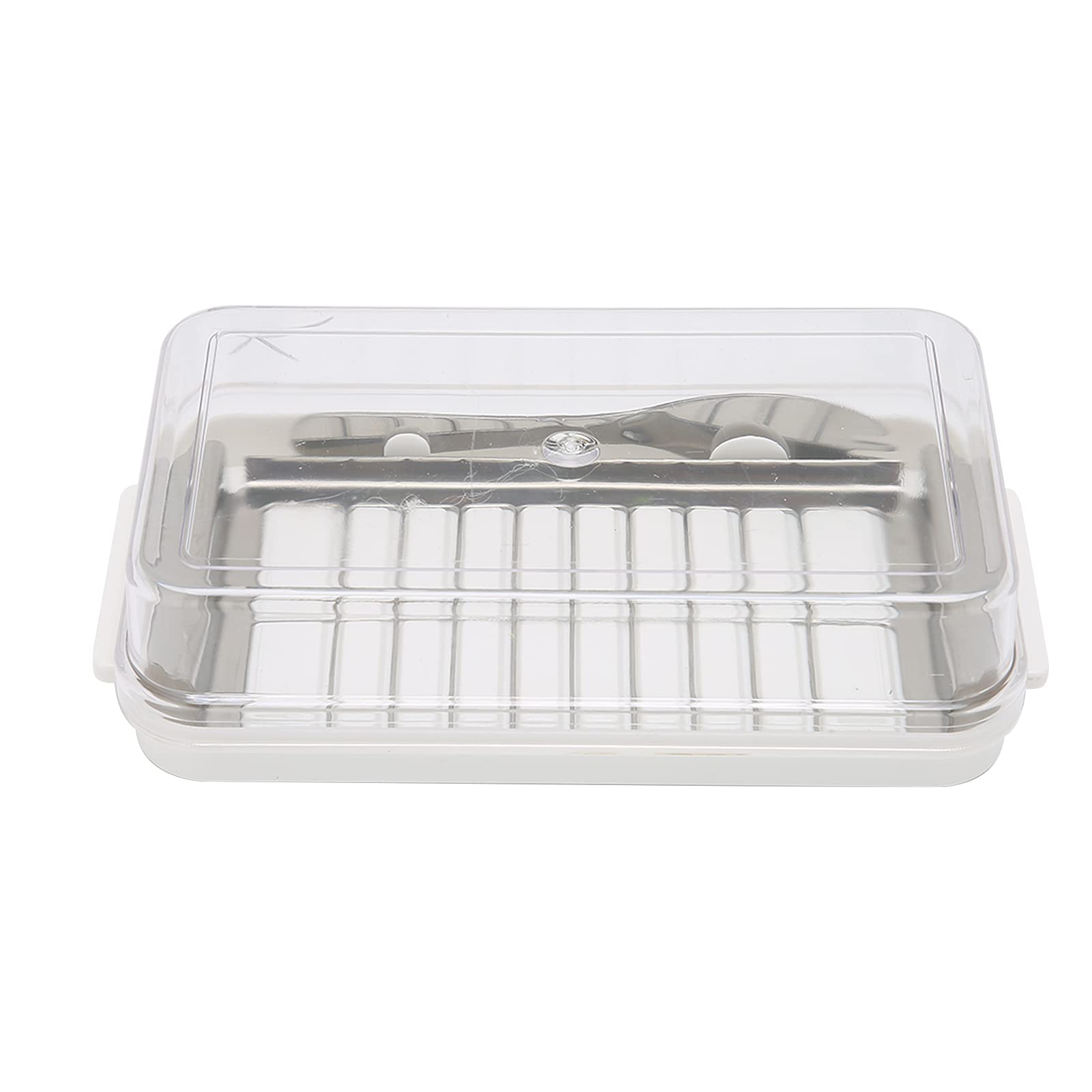 Stainless Steel Cutter Style Butter Case, Butter Slicer Metal Saucer with Plastic Transparent Cover Covered Cheese Storage Container with Knife for Kitchen(White)