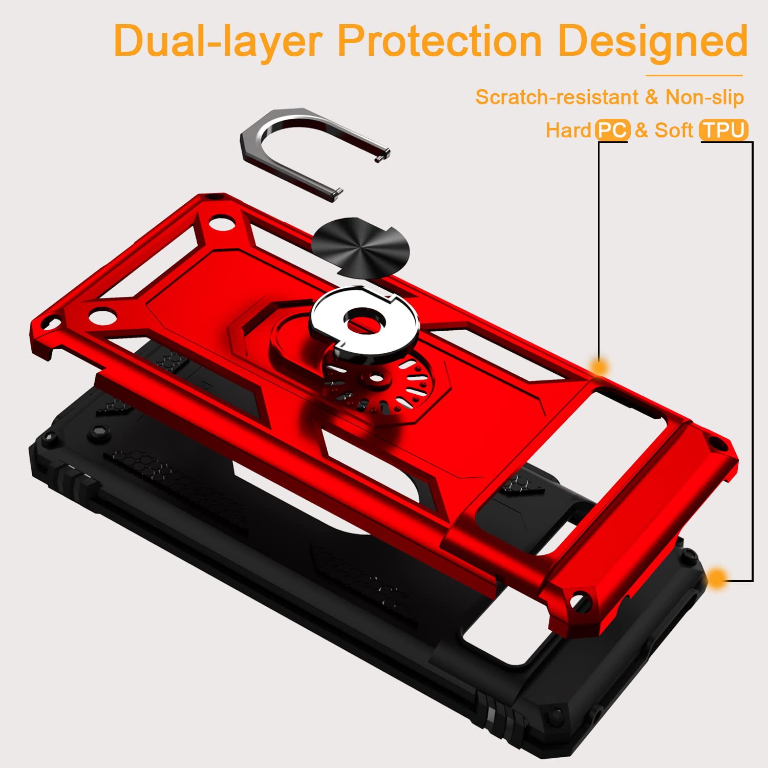 Muntinfe for Google Pixel 7 Case with Tempered Glass Screen Protector [2 Pack], Military-Grade Armor Shockproof Protective Phone Case Cover with Ring Magnetic Kickstand for Pixel 7, Red