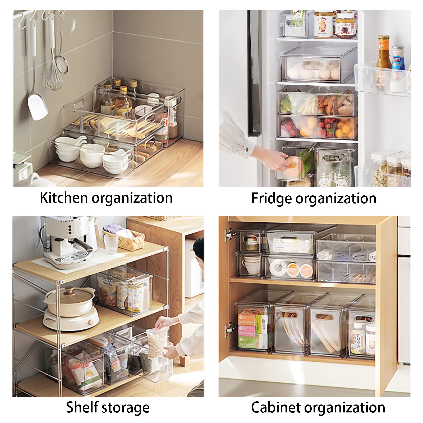 MineSign 9 Pack Stackable Fridge Organizer Drawer Pull-Out Bins with Handles Large Clear Food Container with Removable Dividers Refrigerator Storage box Divided Produce Saver for Pantry Kitchen