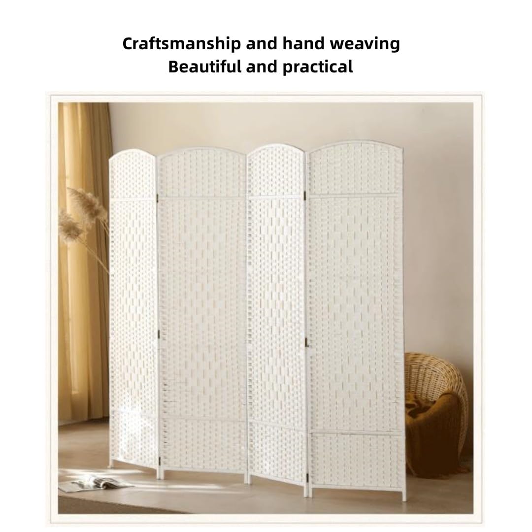 Modern Room Divider Panels,4 Panel Folding Wooden Privacy Screen, Freestanding Partition Screens for Bedroom Living Room Office (Top and Bottom Hollowed Out Milky White,66.9 * 15.7 in)