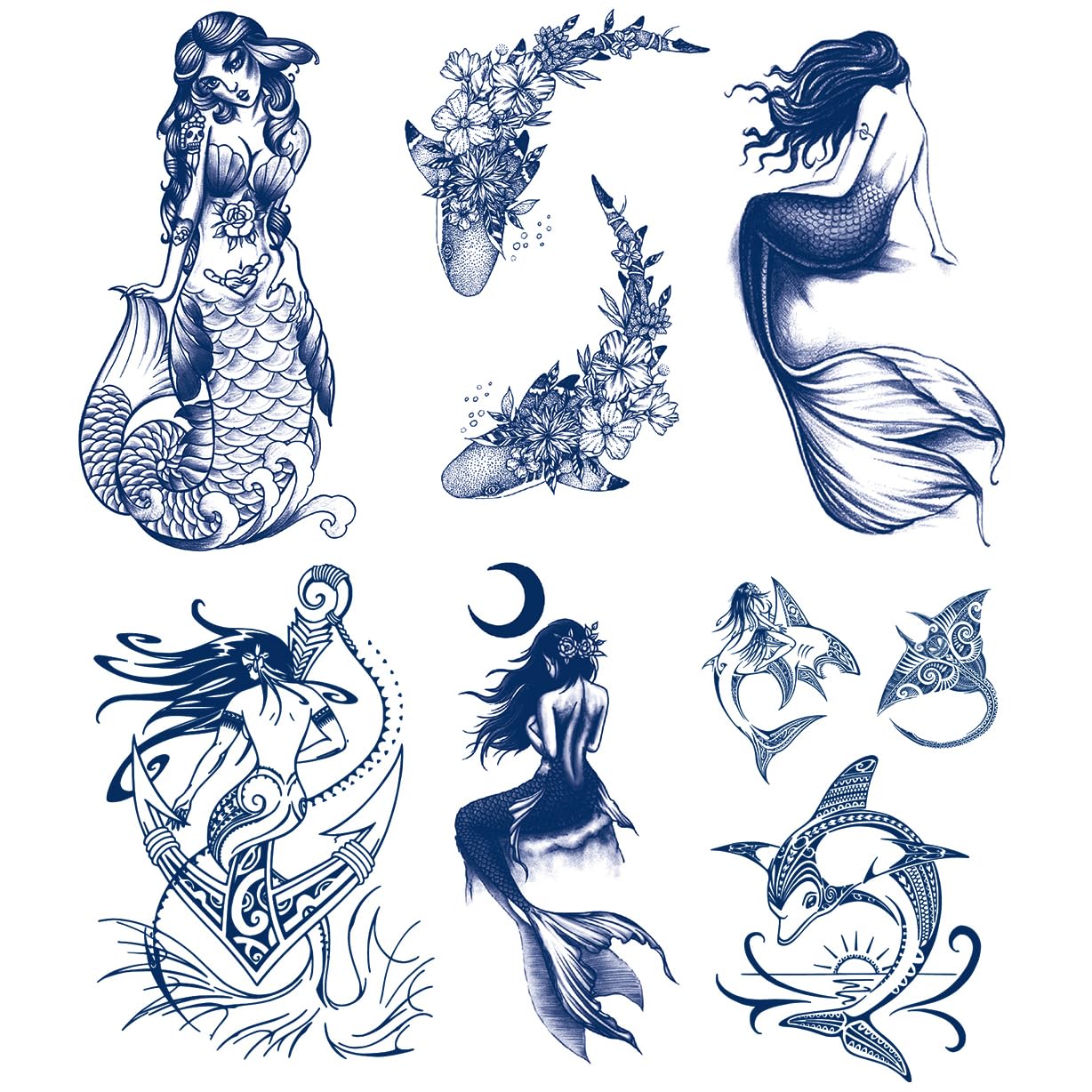 Semi Permanent Mermaid Tattoos, 6-Sheet 100% Plant-Based Ink Infinity Fake Shark Tattoo Stickers, 2 Weeks Long Last Waterproof Tattoos for Adults Men Women Girls Kids