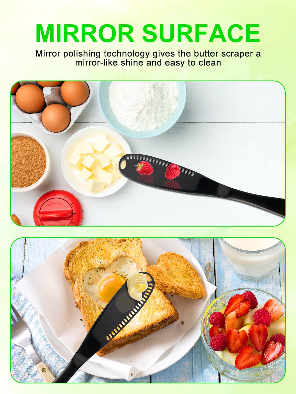 RIEOS 2 PCS Butter Spreader Knife, Stainless Steel Multi-Function Butter Knives, Black Curler with Holes & Serrated Edge, 3- in- 1 Kitchen Gadgets for Cold Butter, Bread, and Jams